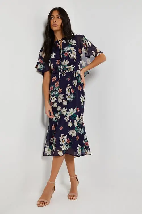 WALLIS Cape Sleeve Ruched Midi Dress - Navy