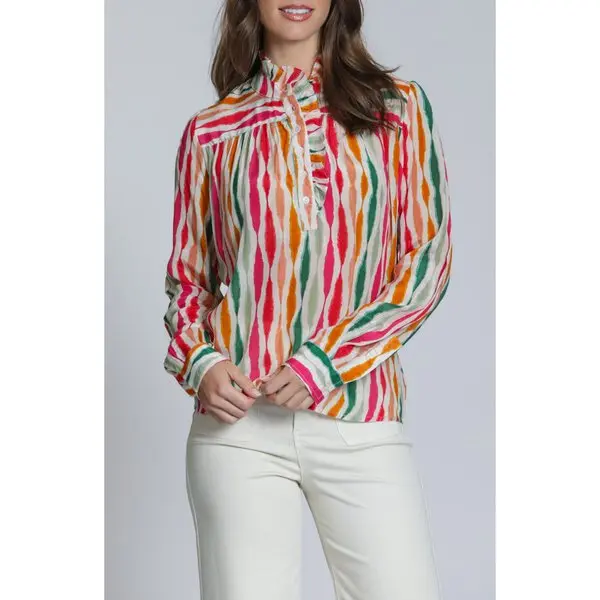 APNY Ruffle Placket Top - Hibiscus Multi