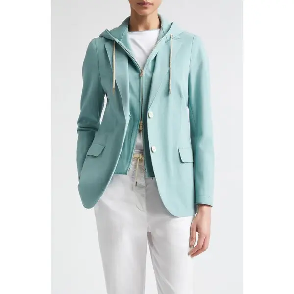 Eleventy Laser Cut Cotton Blend Knit Jacket With Hooded Zip Inset - 175 Jade