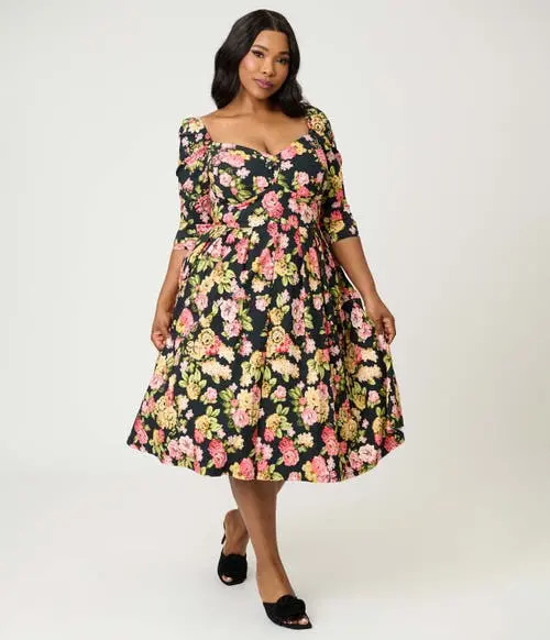 Unique Vintage Woven Sweetheart Neckline Swing Dress - Black Floral Print
