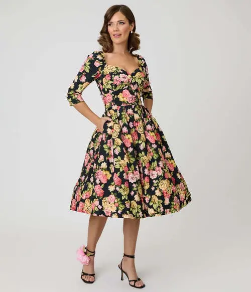 Unique Vintage Woven Sweetheart Neckline Lamar Swing Dress - Black Floral Print