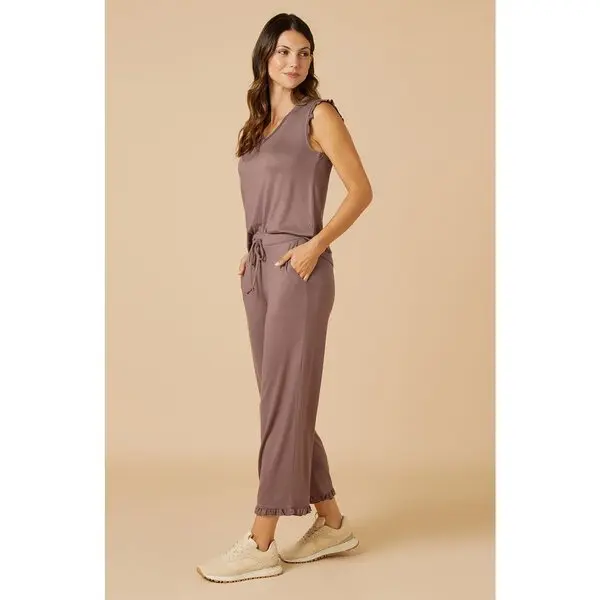 SOFTIES Dream Ruffle V-neck With Cropped Pant Set - Driftwood