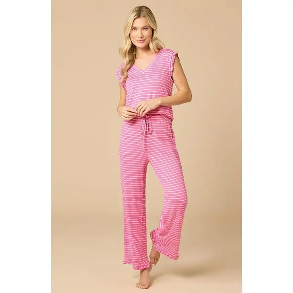 SOFTIES Dream Ruffle V-neck With Cropped Ruffle Edge Pant - Fuchsia Stripe