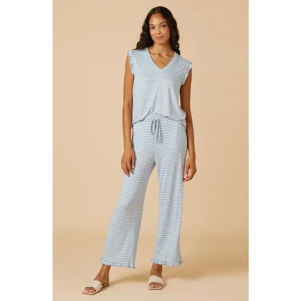 SOFTIES Dream Ruffle V-neck With Cropped Pant Set - Sky Blue Stripe