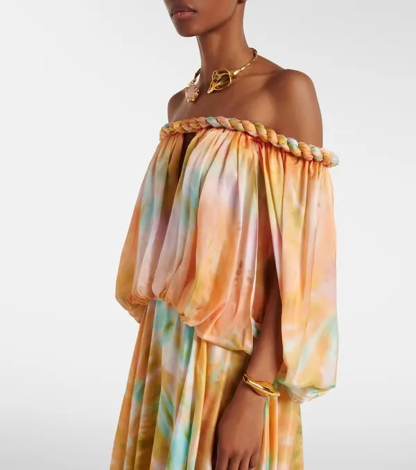 Zimmermann Luna Off-shoulder Printed Silk Chiffon Gown