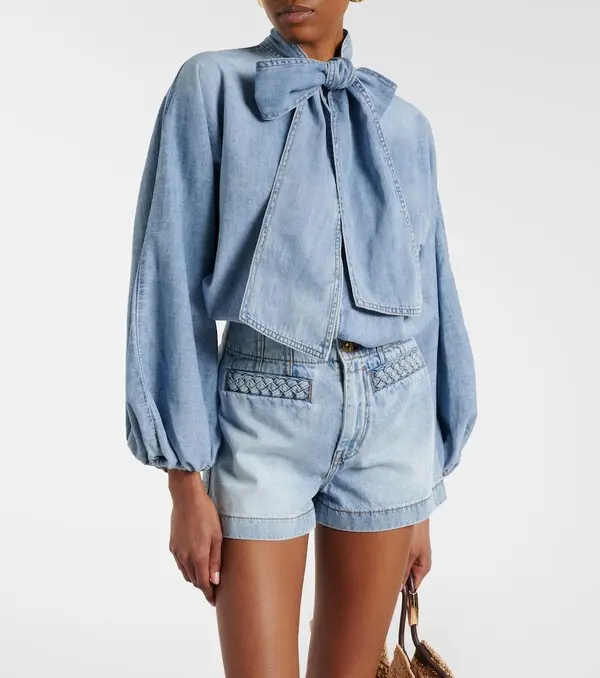 Zimmermann Indra Tie-neck Denim Blouse