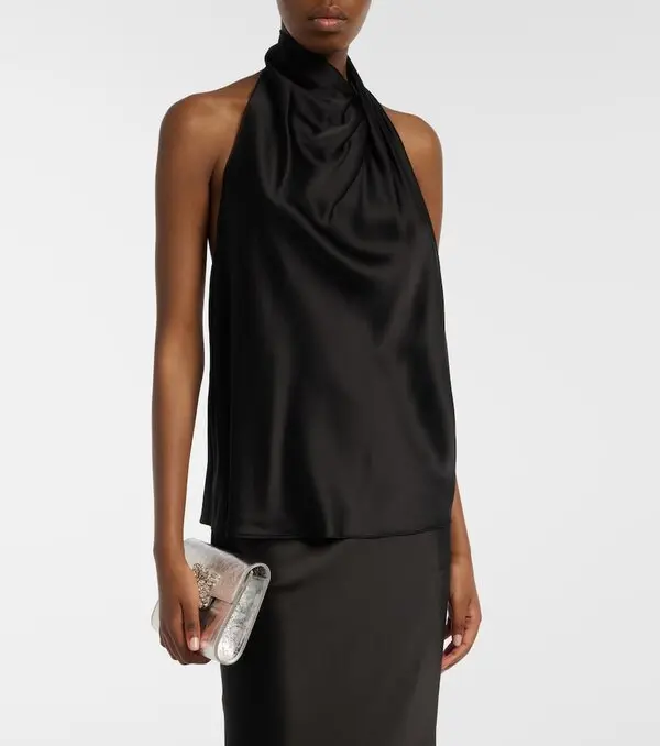 THE SEI Halterneck Silk Satin Top - Black
