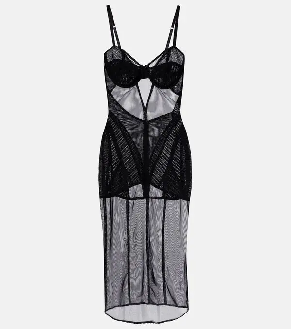 Dolce & Gabbana Ruched Sheer Tulle Midi Dress - Black