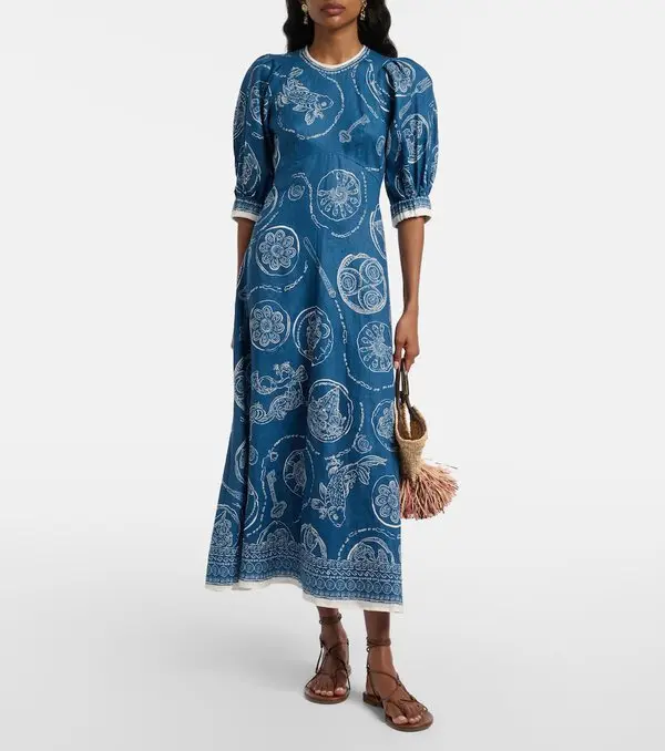 ALEMAIS Lucky Printed Linen Midi Dress