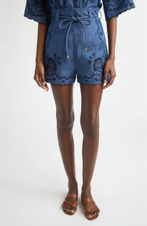 Zimmermann Aster Paisley Embroidered Denim Shorts - Railway Blue