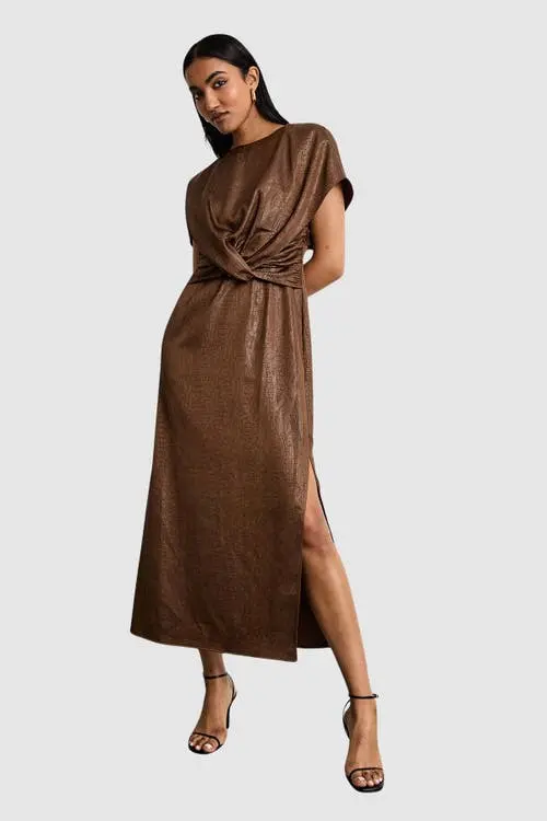 WAREHOUSE Leather-look Twist Front Midi Dress - Chocolate