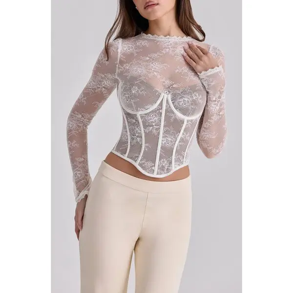 House Of Cb Zoe Long Sleeve Lace Crop Corset Top - Vintage Ivory