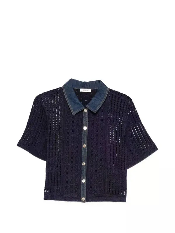 Sandro Openwork Knit Collared Shirt With Denim Trim