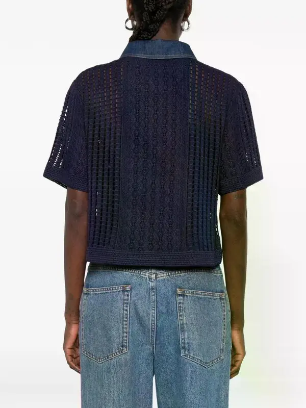 Sandro Openwork Knit Collared Shirt With Denim Trim