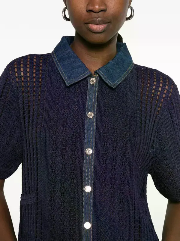 Sandro Openwork Knit Collared Shirt With Denim Trim