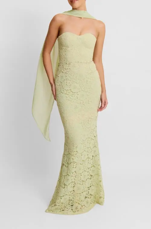 SIX STORIES Lace Corset Maxi Gown With Draped Scarf - Sage