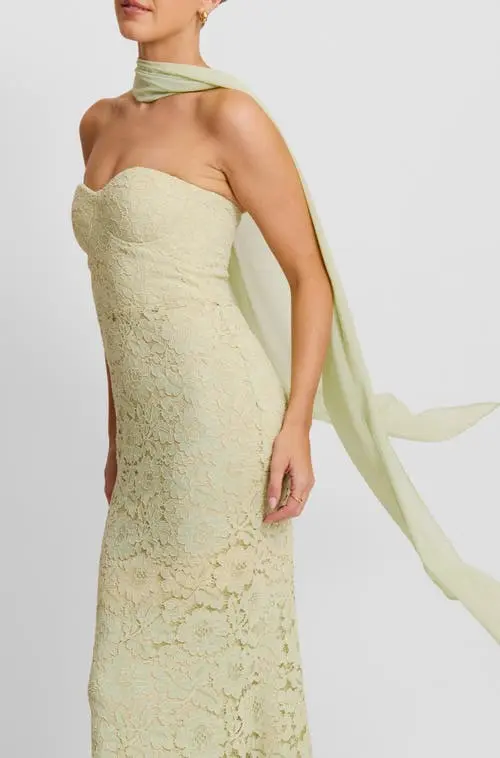 SIX STORIES Lace Corset Maxi Gown With Draped Scarf - Sage
