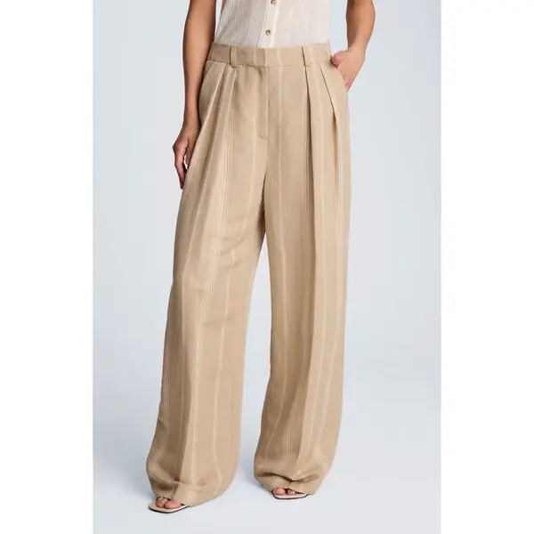 KENNETH COLE Double Pleat Wide Leg Trousers - Tilestripes Taupe/white