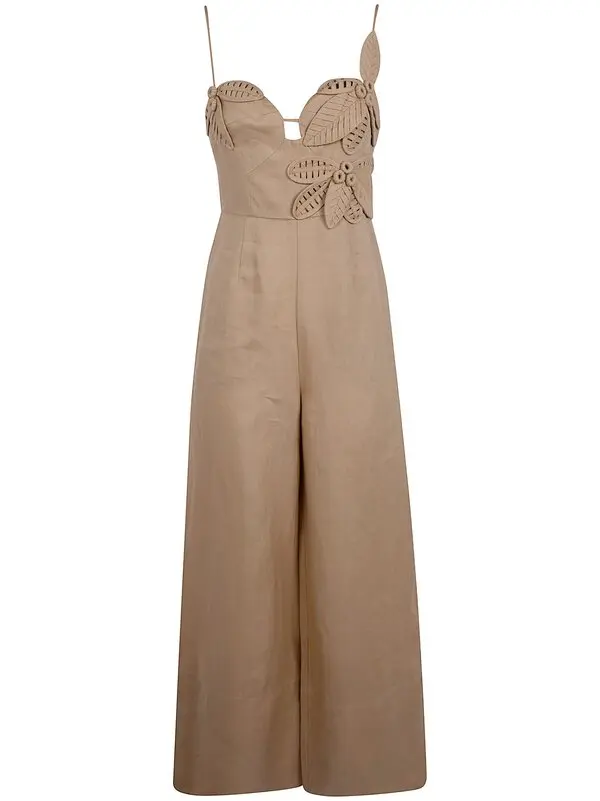 Farm Rio Floral Appliqued Linen Jumpsuit - Beige