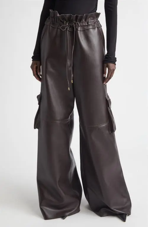 LAQUAN SMITH Utility Wide Leg Leather Pants - Chocolate