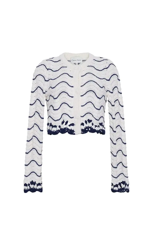 Cara Cara Louise Cardigan - White Navy Wave Stripe