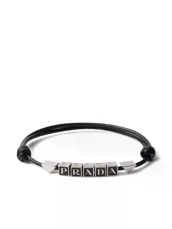Prada Enameled-logo Leather Bracelet - Silver