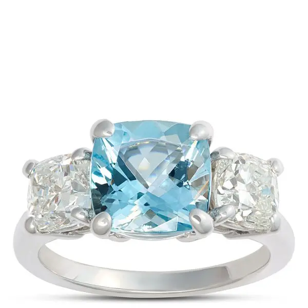 Benbridge Cushion Cute Aquamarine And Diamond Ring, 14k White Gold,wg|qr2848daq-w015 - Blue