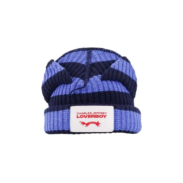 CHARLES JEFFREY Chunky Ears Striped Beanie - Blue