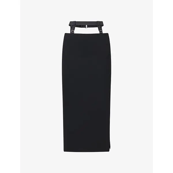 MUGLER Belted Split-seam Wool-blend Midi Skirt - Black