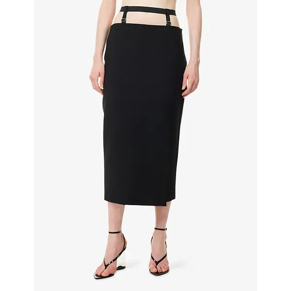 MUGLER Belted Split-seam Wool-blend Midi Skirt - Black