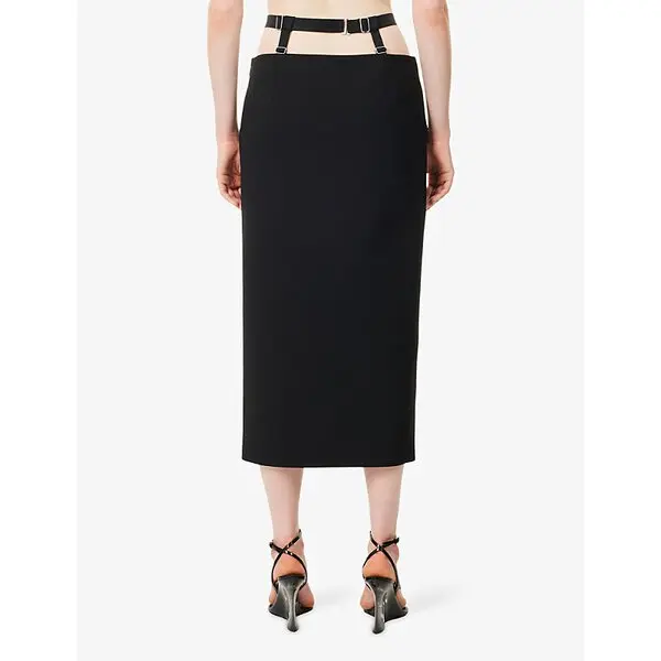 MUGLER Belted Split-seam Wool-blend Midi Skirt - Black