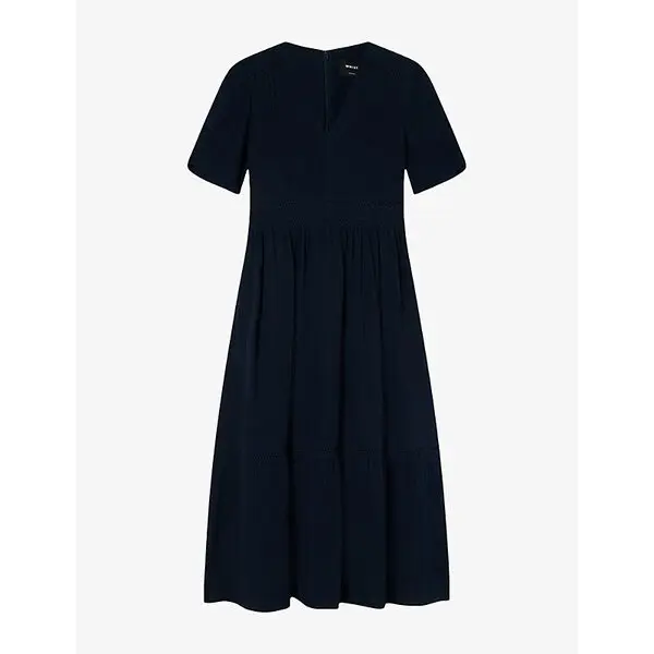 Whistles Textured V-neck Cotton Midi Dress - Navy