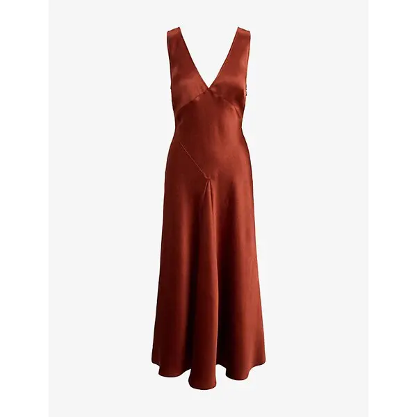 Polo Ralph Lauren Panelled V-neck Satin Midi Dress - Rust