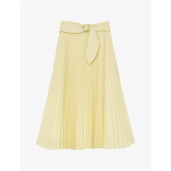 REISS Amelie Belted-waist Pleated Woven Midi Skirt - Yellow