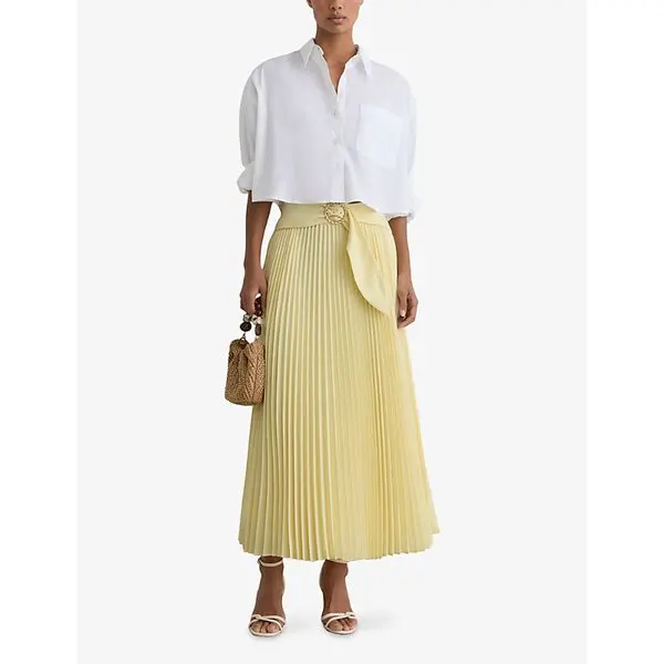 REISS Belted Pleated Woven Midi Skirt