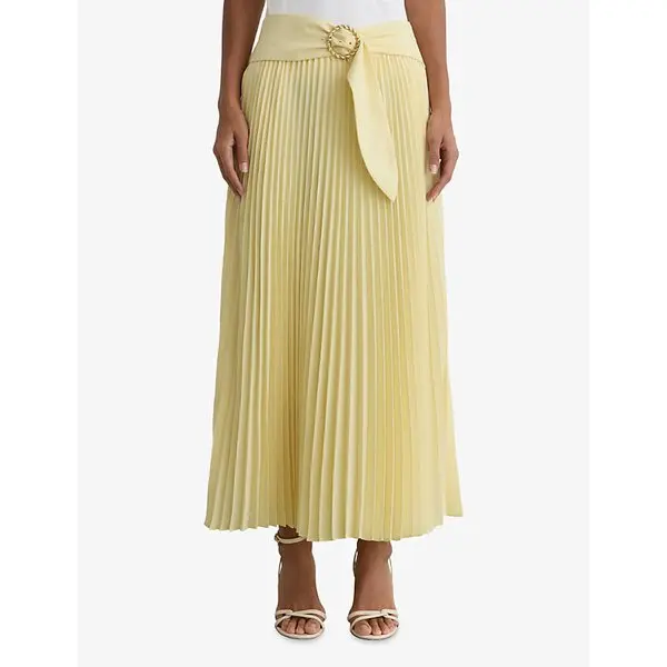 REISS Belted Pleated Woven Midi Skirt