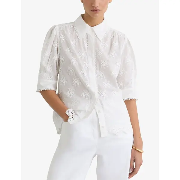 REISS Floral-embroidered Cotton Shirt