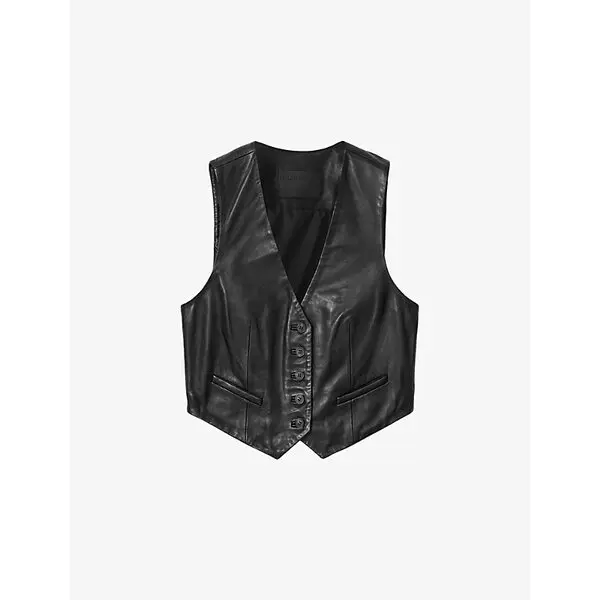 ALLSAINTS Arla Lea V-neck Leather Waistcoat - Black
