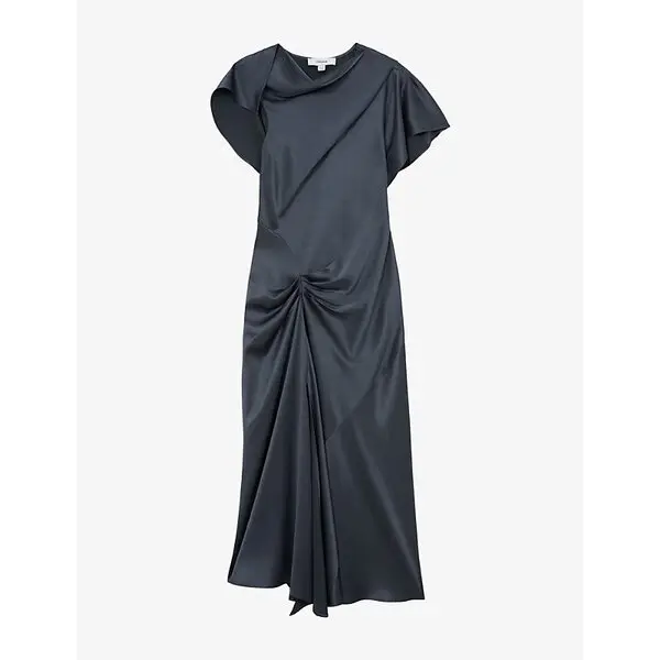 REISS Sasha Drape-detail Satin Midi Dress - Slate Grey
