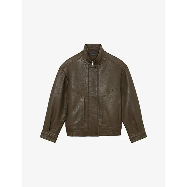 REISS Cara Funnel-neck Suede Bomber Jacket - Khaki Green