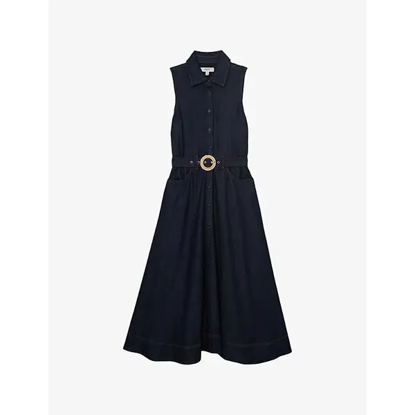 REISS Remi Belted-waist Denim Midi Dress - Indigo Blue