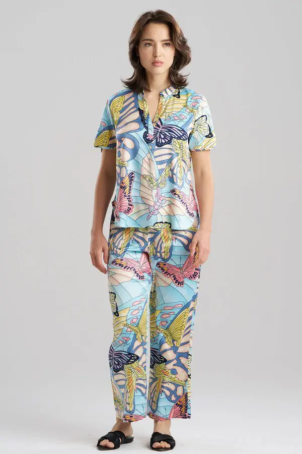 Natori Papillon Printed Satin Mandarin Short Sleeve Pj Set - Blue
