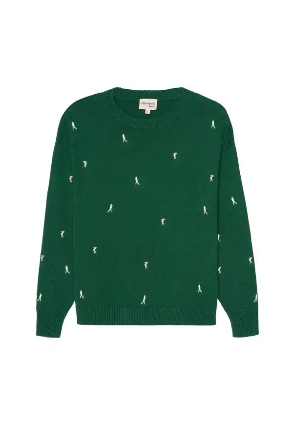 ELLSWORTH + IVEY Embroidered Cotton Crewneck Sweater - Green