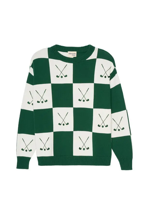 ELLSWORTH + IVEY Checkered Golf Crewneck Sweater - Green