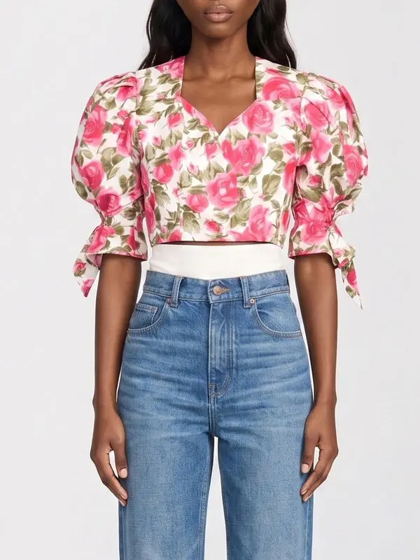 Chloé Cotton Cropped Top With Floral Print And Puff Sleeves - Pink