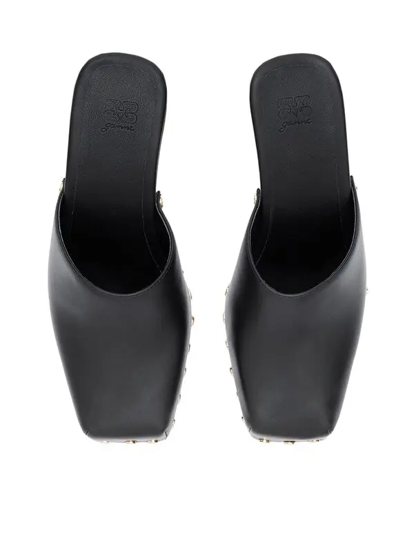 GANNI Studded Leather Square Toe Mules - Black