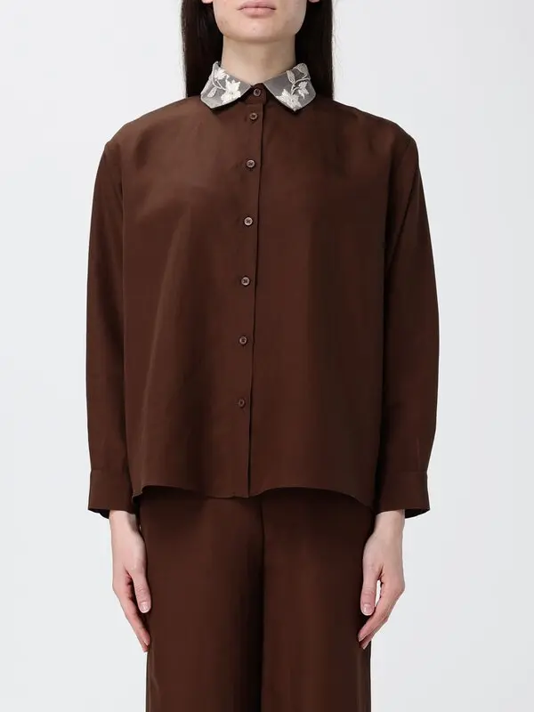 HANITA Embroidered Collar Linen Blend Shirt - Ebony