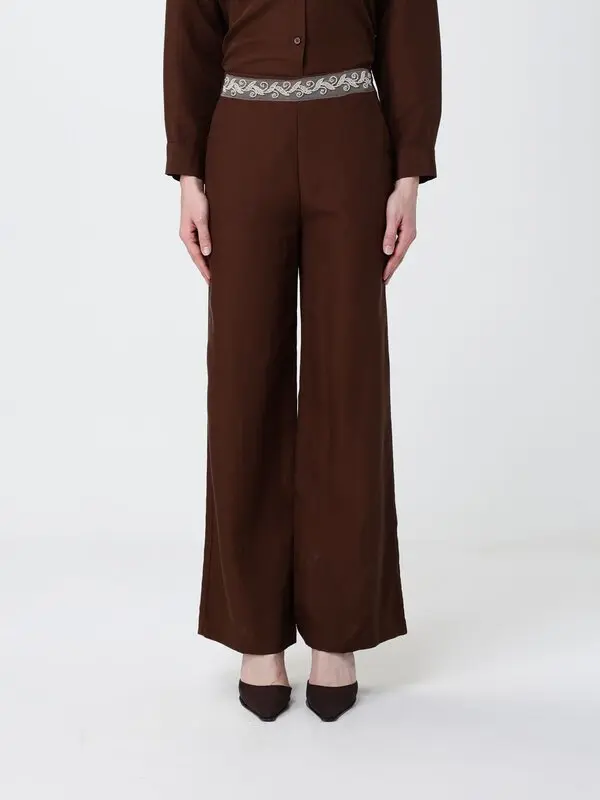 HANITA Linen Blend Palazzo Trousers With Embroidery - Ebony