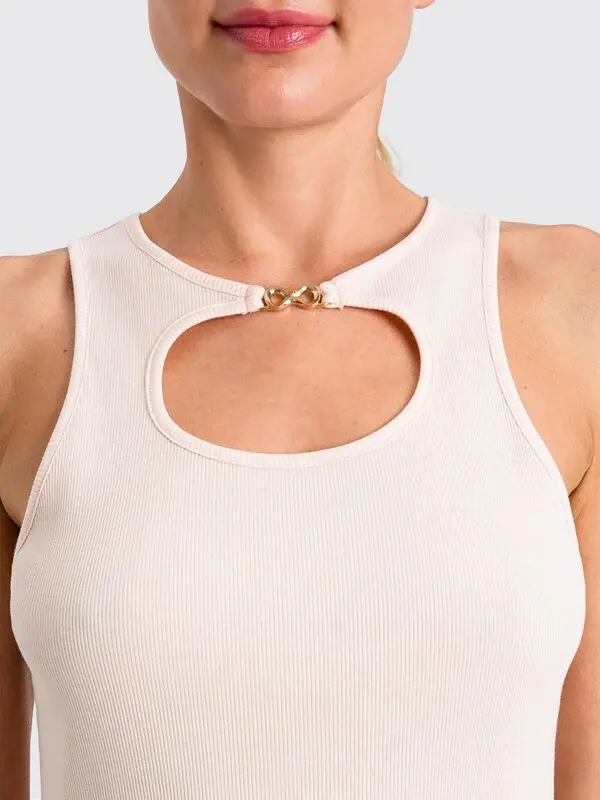 TWINSET Sleeveless Ribbed Cotton Top With Cutout Detail - Pearl