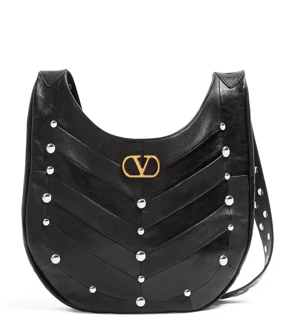 Valentino Garavani Medium Leather Hobo Shoulder Bag - Black